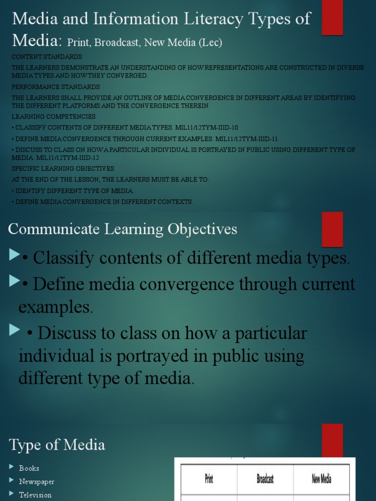 Media and Information Literacy Types of Media:: Print, Broadcast, New ...