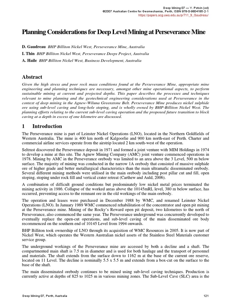 Planning Considerations For Deep Level Mining at Perseverance Mine ...