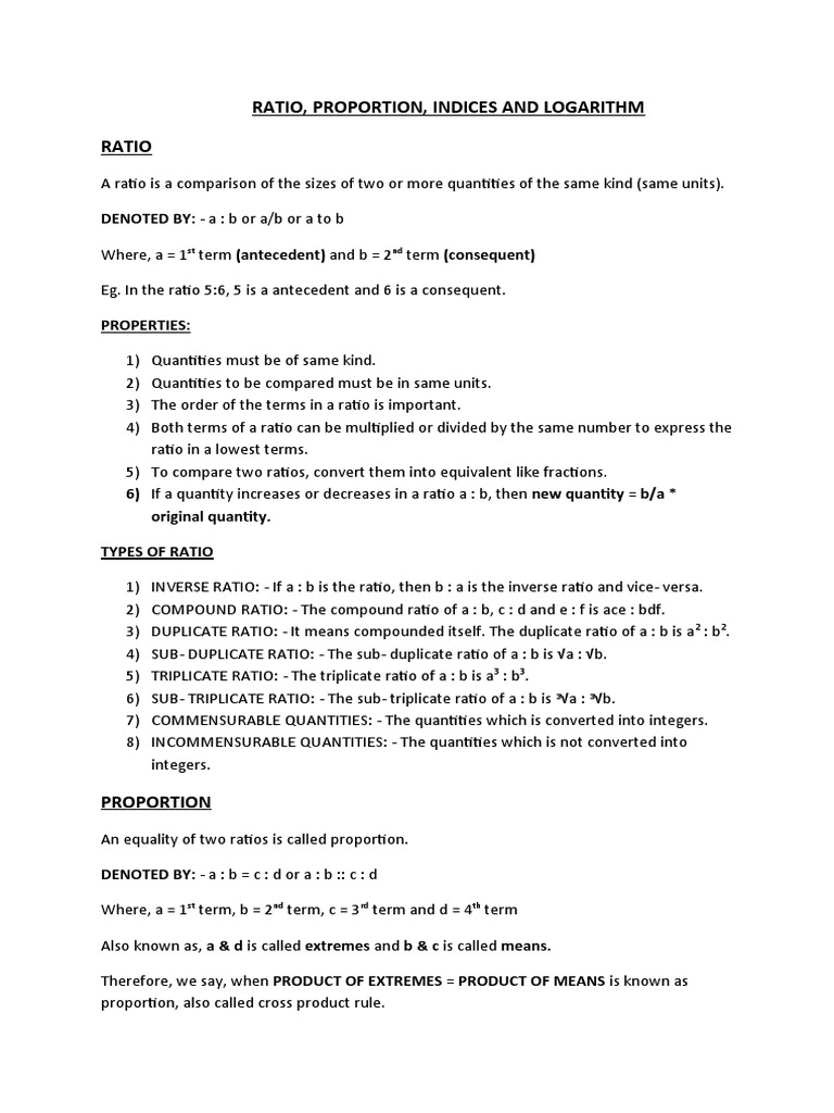 RATIO, Proportions, Indices and Logarithms | PDF | Ratio | Numbers