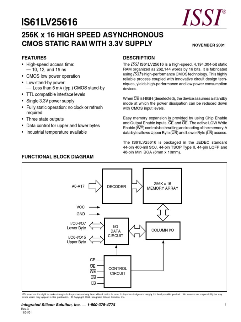 IS61LV25616: 256K X 16 High Speed Asynchronous Cmos Static Ram With 3 ...