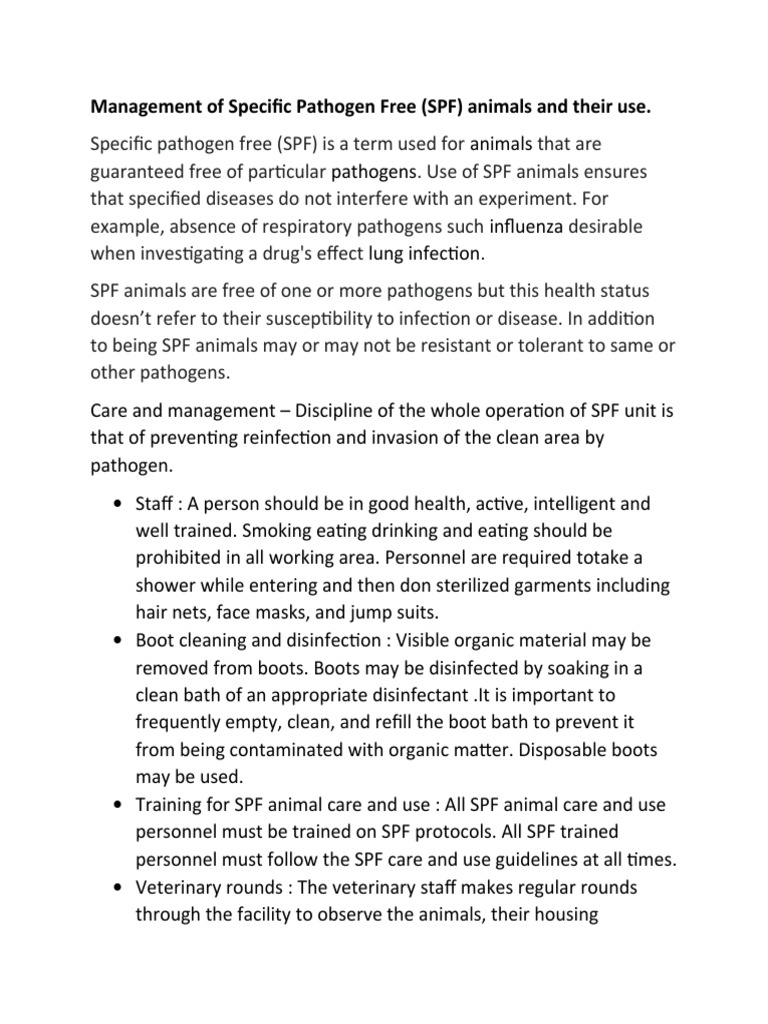 Management of Specific Pathogen Free (SPF) Animals and Their Use | PDF ...