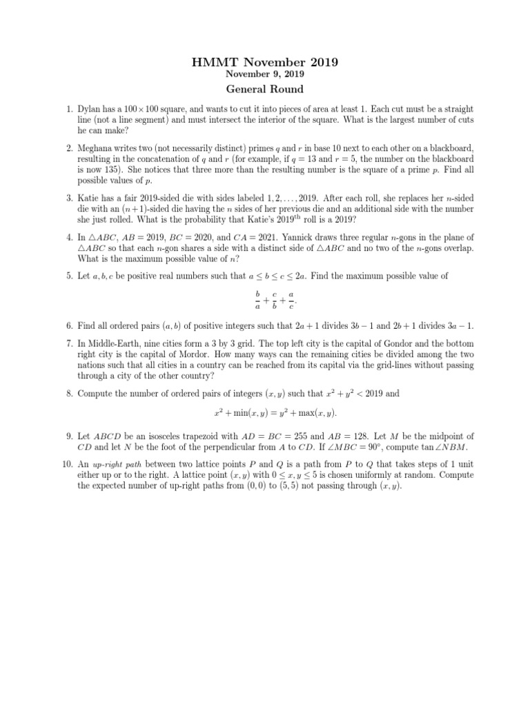 HMMT General 2019 Problems | PDF | Euclidean Plane Geometry ...