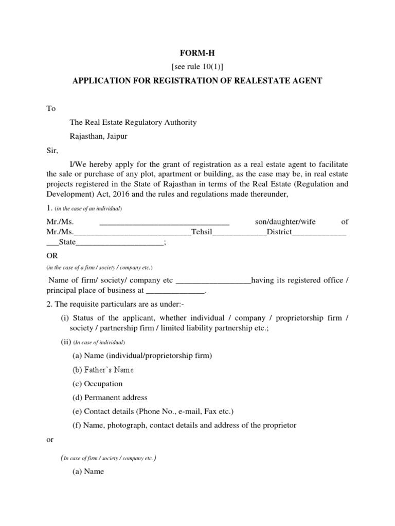 Form-H: (In The Case of An Individual) | PDF | Sole Proprietorship ...