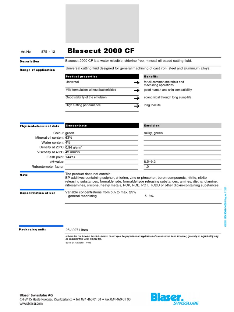 Blasocut 2000 CF: A Chlorine-Free, Water-Miscible Cutting Fluid for ...