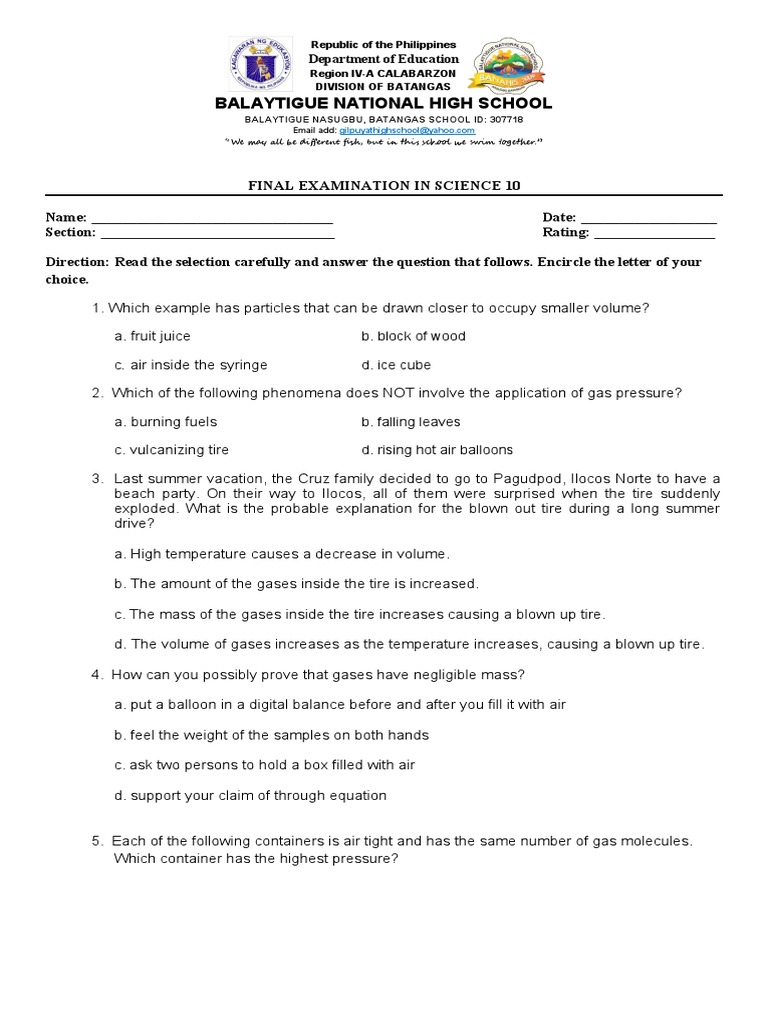 Science 10 Final Exam with Answer Key | PDF | Gases | Carbohydrates