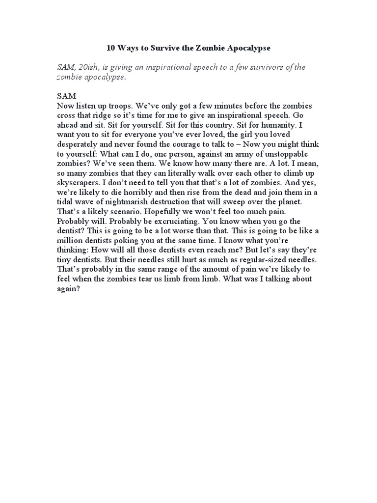 10 Ways To Survive The Zombie - Apocalypse - MONOLOGUE (Crescendo) | PDF