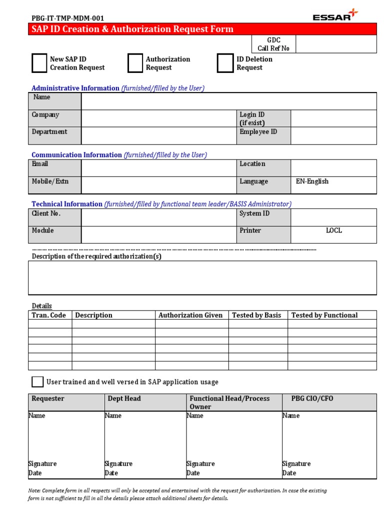 SAP ID Creation & Authorization Request Form: Administrative ...