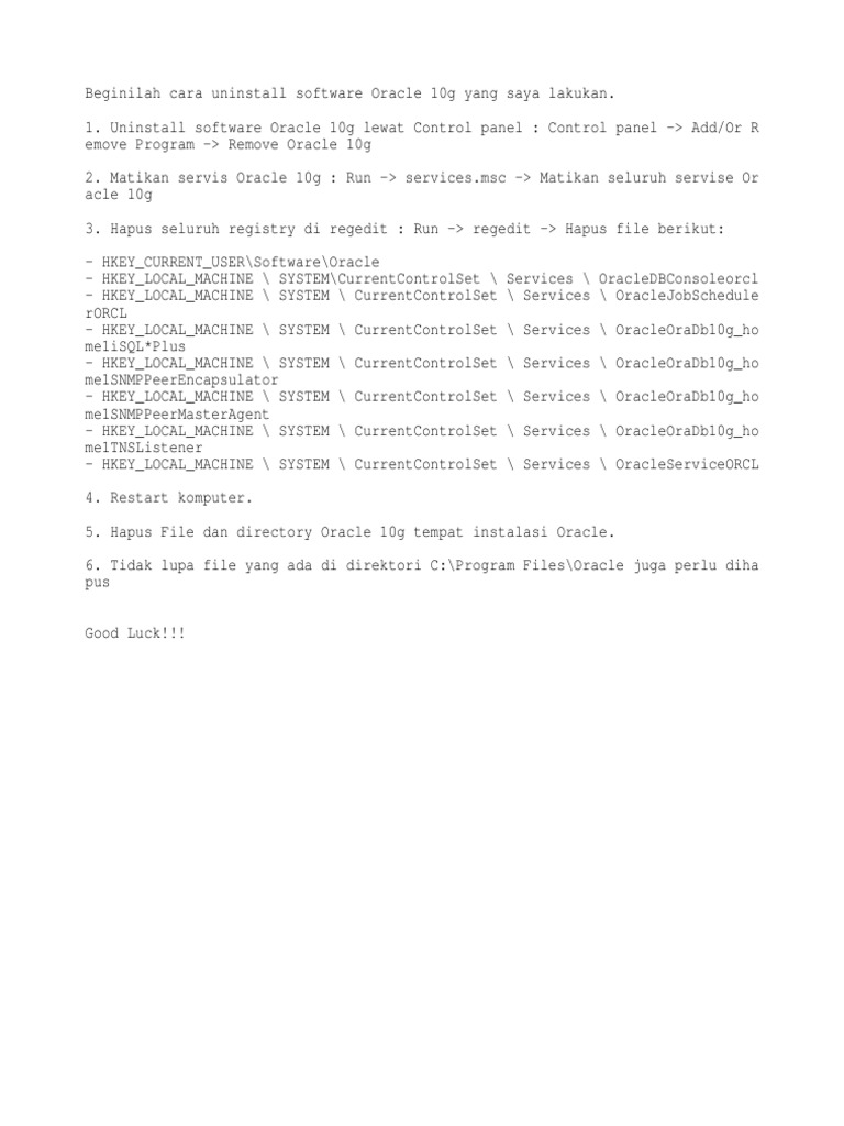 Uninstalling Oracle 10g Guide | PDF | Windows Registry | Operating ...
