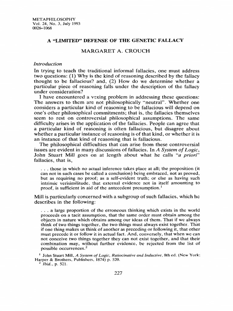 Margaret A. Crouch - A "Limited" Defense of The Genetic Fallacy | PDF ...