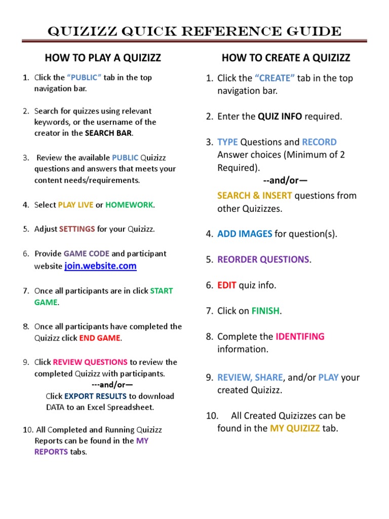 Quizizz Quick Reference Guide PDF | PDF