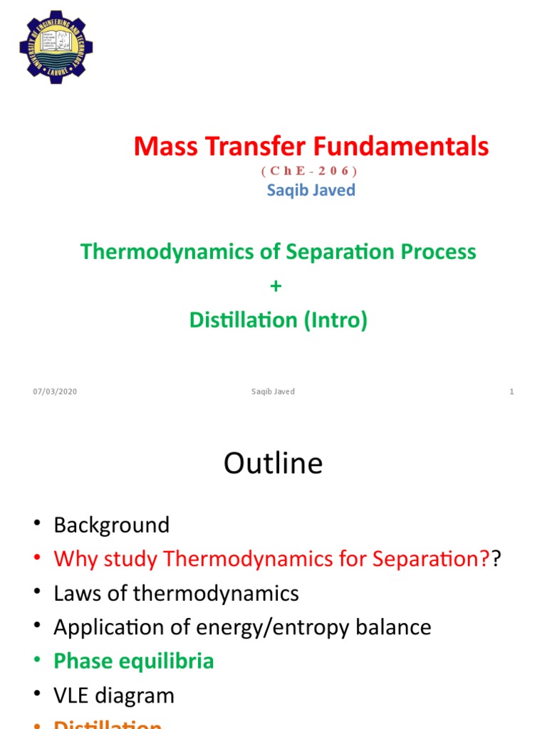 Mass Transfer Fundamentals: Thermodynamics of Separation Process ...