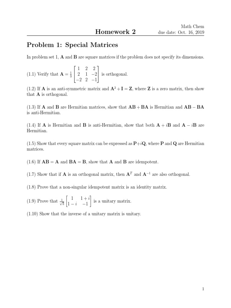 Homework 2 Problem 1: Special Matrices | PDF | Matrix (Mathematics ...