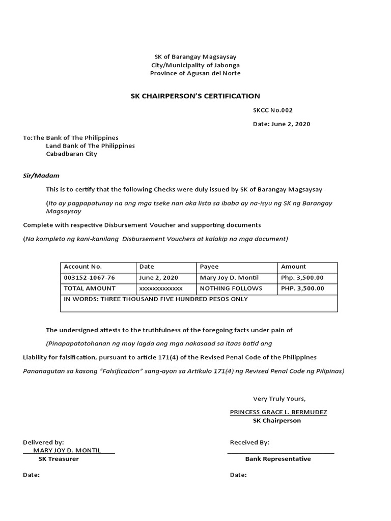 SK Chairperson'S Certification: Sir/Madam | PDF
