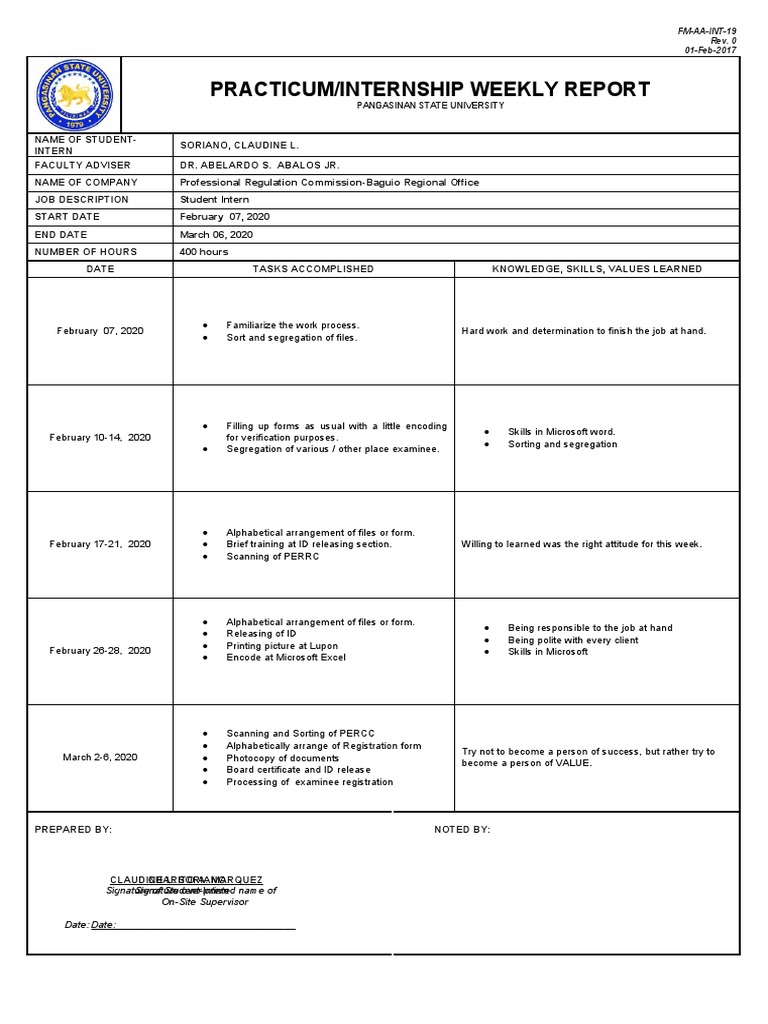 Practicum/Internship Weekly Report: Pangasinan State University | PDF ...