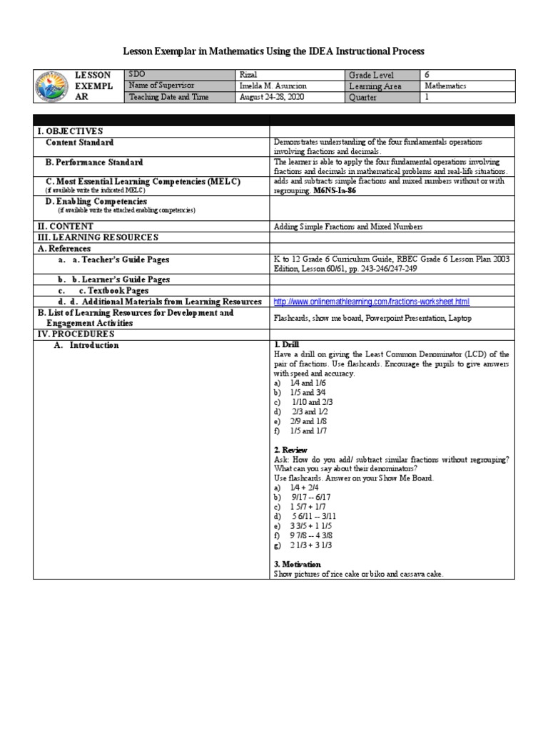 Lesson Exemplar Math 6 | Download Free PDF | Fraction (Mathematics ...