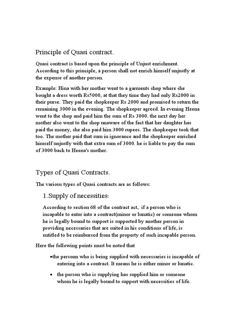 Principle of Quasi Contract | PDF | Damages | Specific Performance