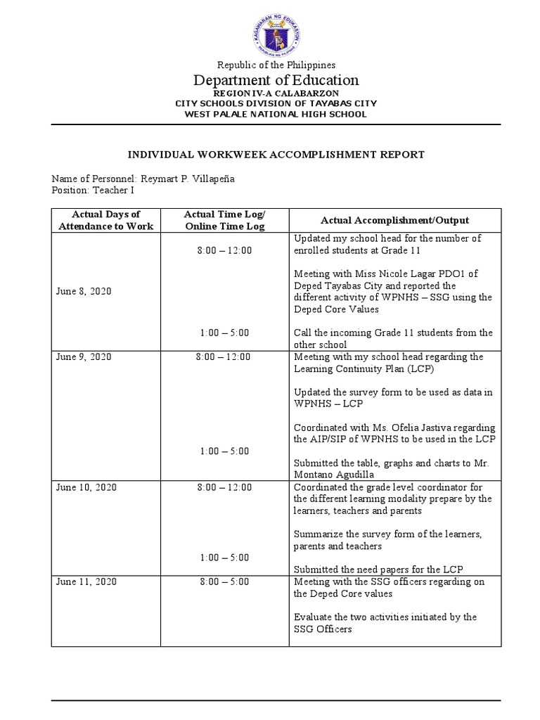RPV 8-11 Individual Daily Log and Accomplishment Report | PDF ...
