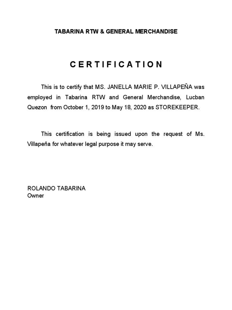 Certification of Employment and Authorization to Claim Business Permit ...