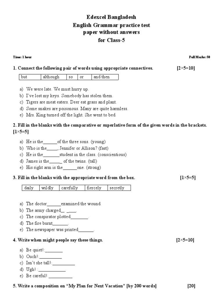 Edexcel Bangladesh Class-5 English Grammer Practice Test Paper | PDF