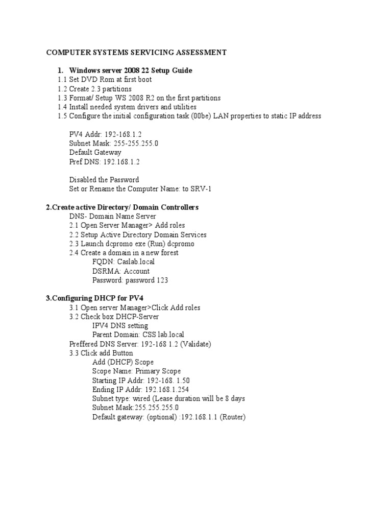 Computer Systems Servicing Assessment 1. Windows Server 2008 22 Setup ...