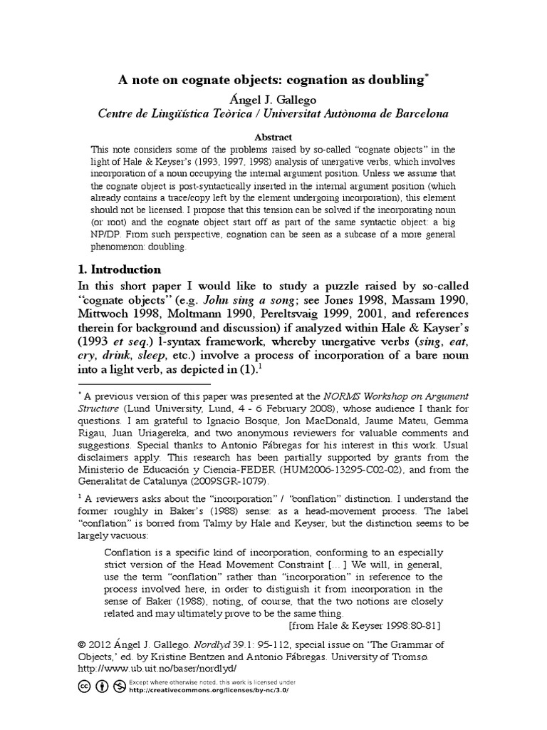 A Note On Cognate Objects: Cognation As Doubling: Centre de Lingüística ...
