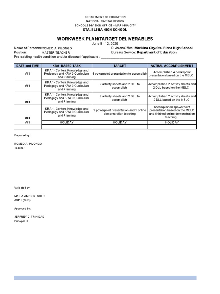 Workweek Plan and Target Deliverables | PDF | Teaching | Cognition