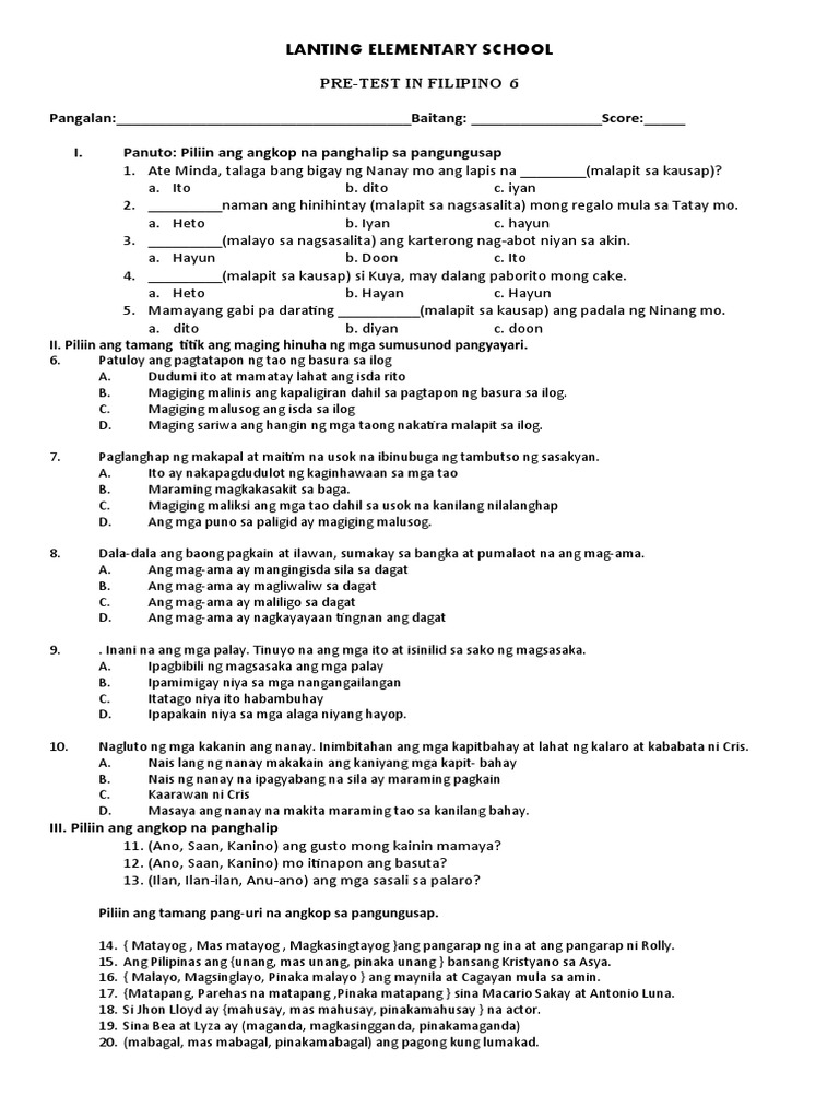 Pre-Test - Filipino 6 | PDF