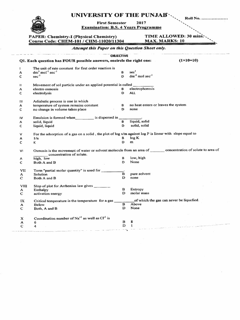 Punjab University Chemistry Exam Papers | PDF | Isomer | Chemical Elements