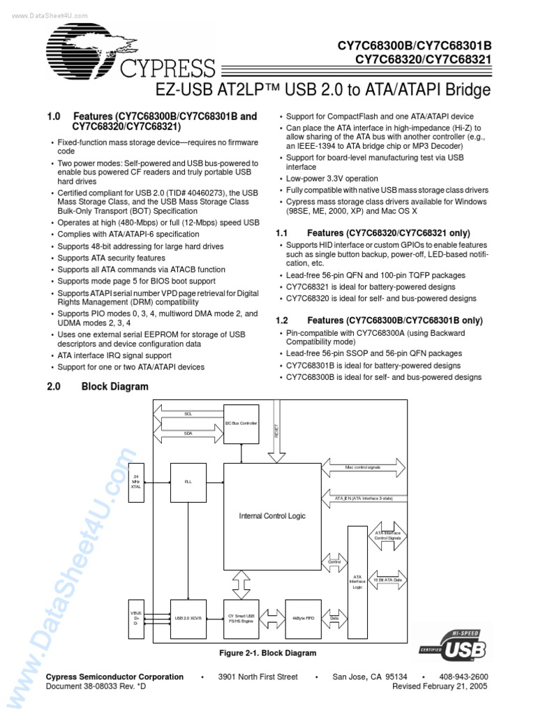 EZ-USB AT2LP™ USB 2.0 To ATA/ATAPI Bridge: 1.0 Features (CY7C68300B ...