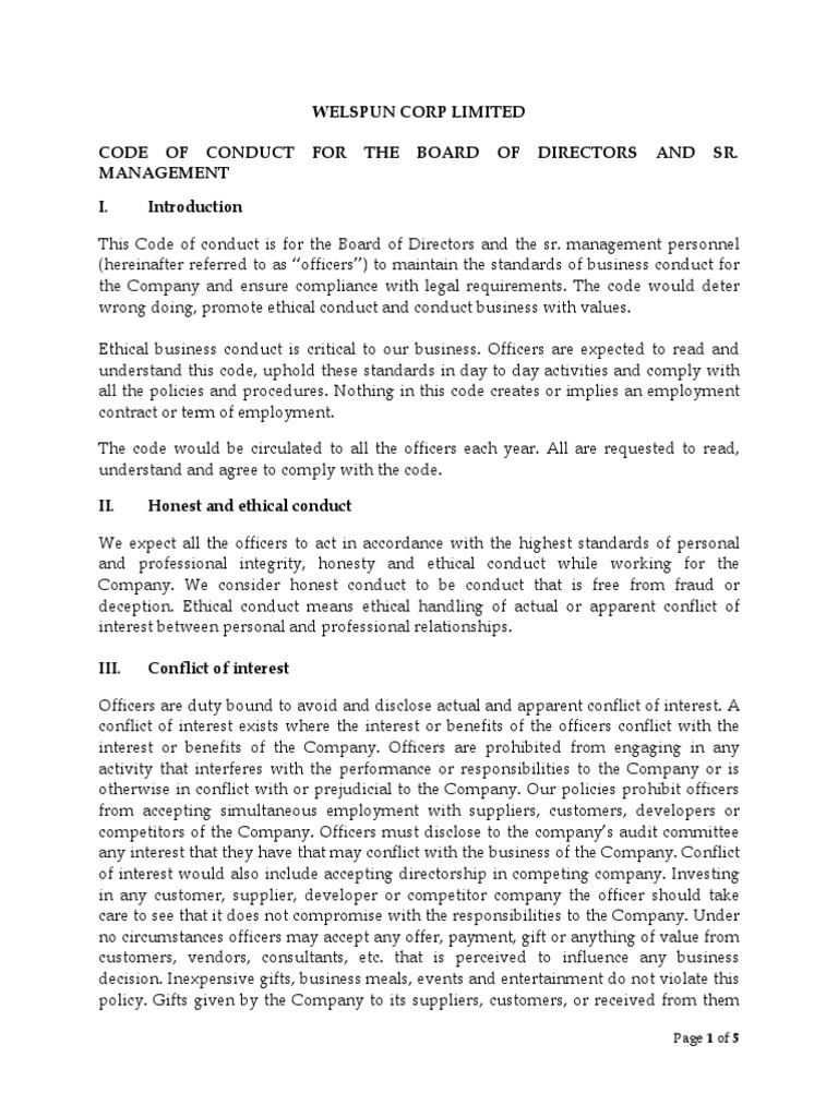 Code of Conduct - 08.05.2017 | PDF | Board Of Directors | Regulatory ...