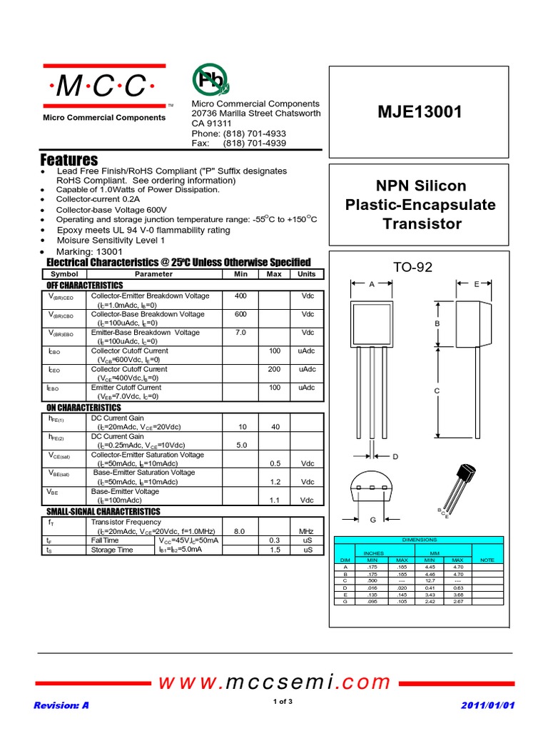 Mccsemi: Features | PDF | Bipolar Junction Transistor | Semiconductor ...