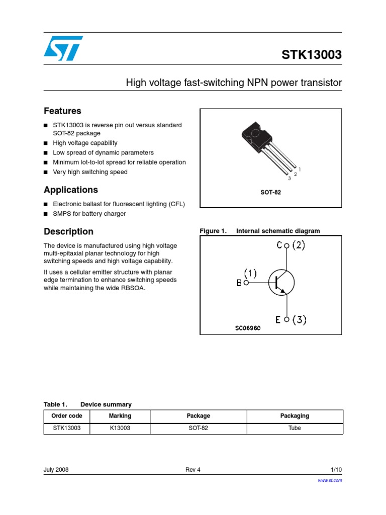 High Voltage Fast-Switching NPN Power Transistor: Features | PDF ...