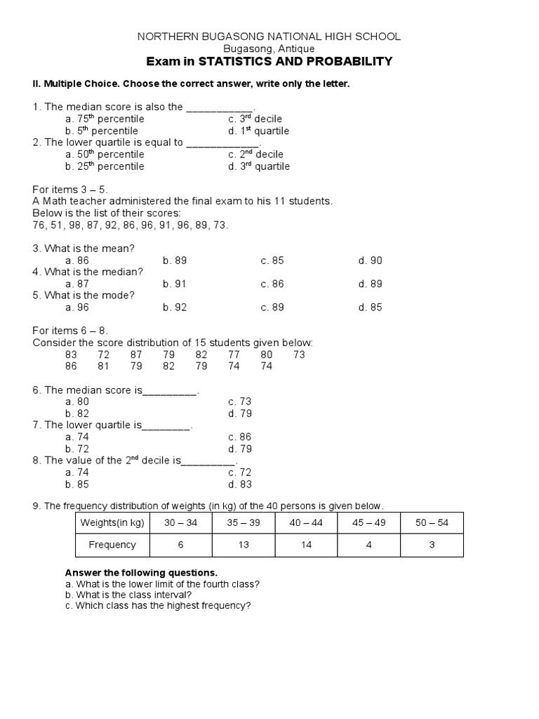 Exam in Statistics and Probability: II. Multiple Choice. Choose The ...