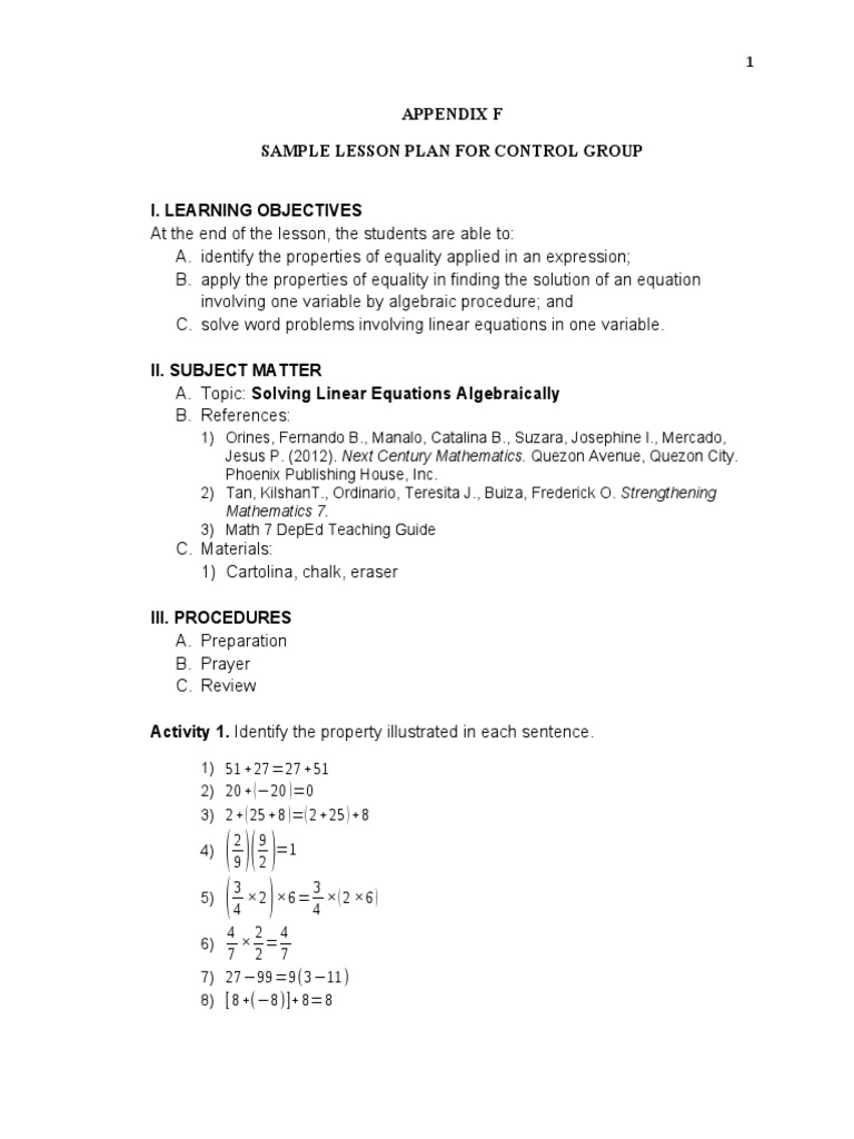 Appendix F Sample Lesson Plan For Control Group: Mathematics 7 | Download Free PDF | Equations ...