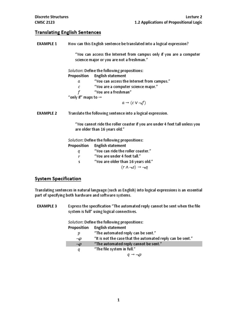 Translating English Sentences: Discrete Structures CMSC 2123 1.2 ...