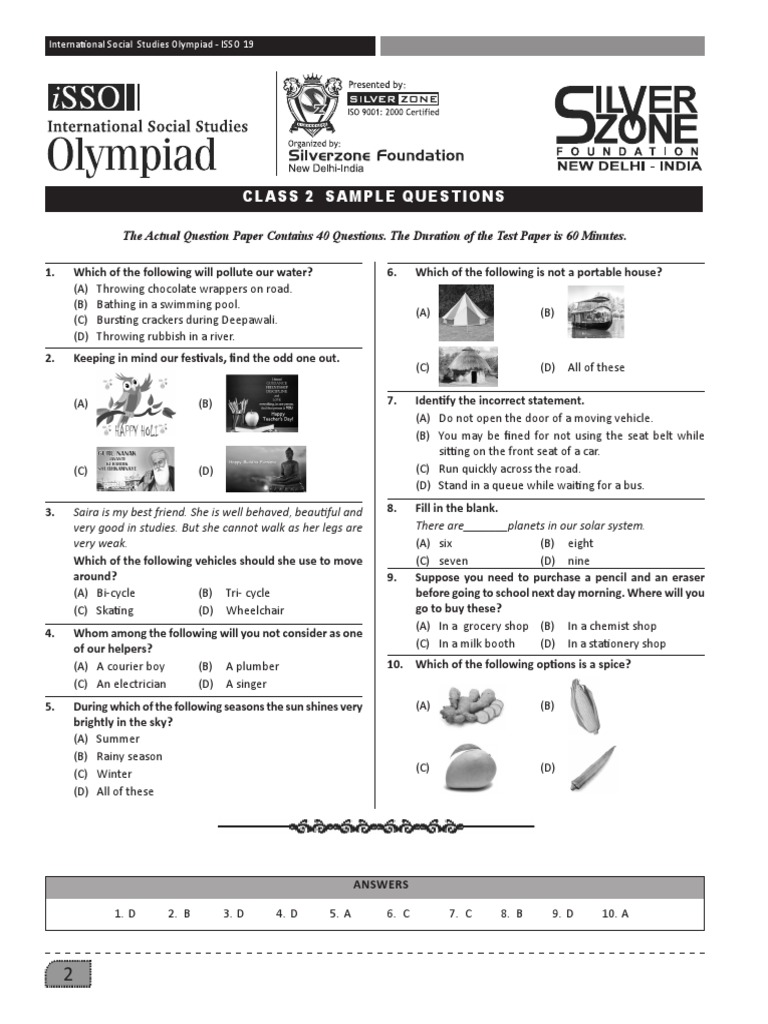 Class 2 Sample Questions: The Actual Question Paper Contains 40 ...