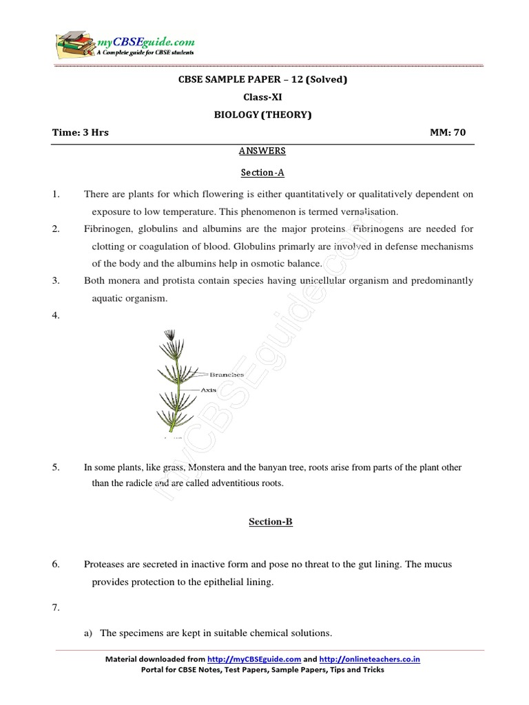 Cbse Sample Paper - 12 (Solved) Class-XI Biology (Theory) Time: 3 Hrs ...