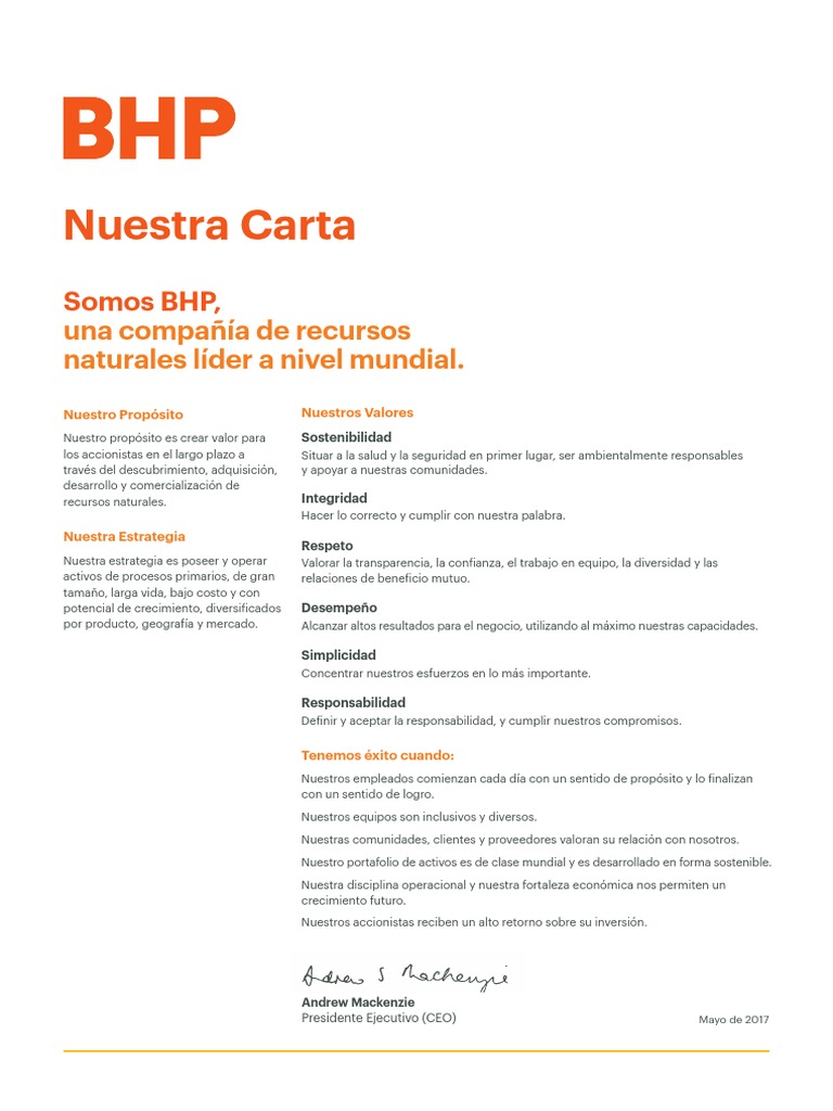 Carta de BHP sobre su propósito, estrategia y valores como compañía de ...