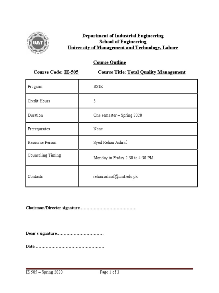 Ie 505 TQM-S20 | PDF | Quality Management | Quality Management System