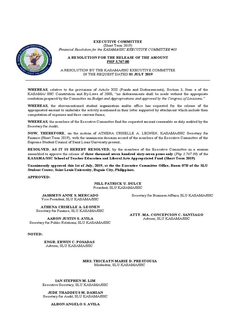 Financial Resolution For The KASAMA/SSC EXECUTIVE COMMITTEE #03 | PDF ...