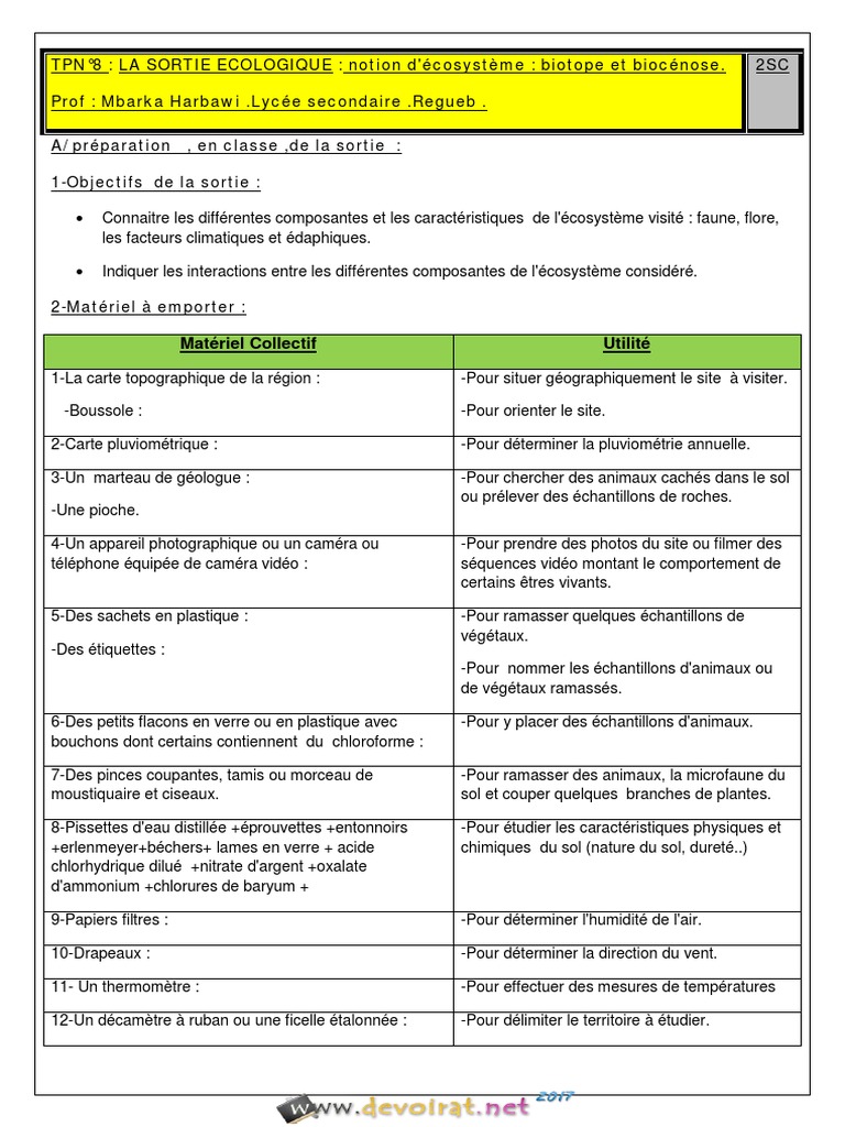 Cours - SVT - La Sortie Écologique - 2ème Sciences (2015-2016) Mme ...