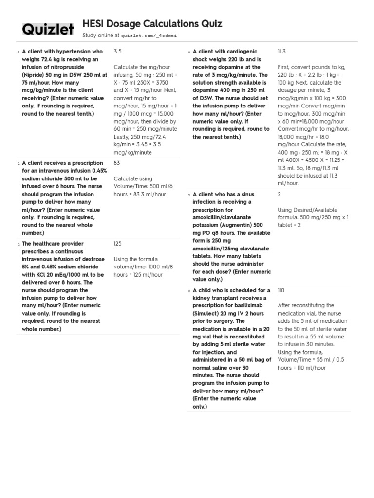 HESI Dosage Calculation Practice | PDF | Dose (Biochemistry) | Chemistry