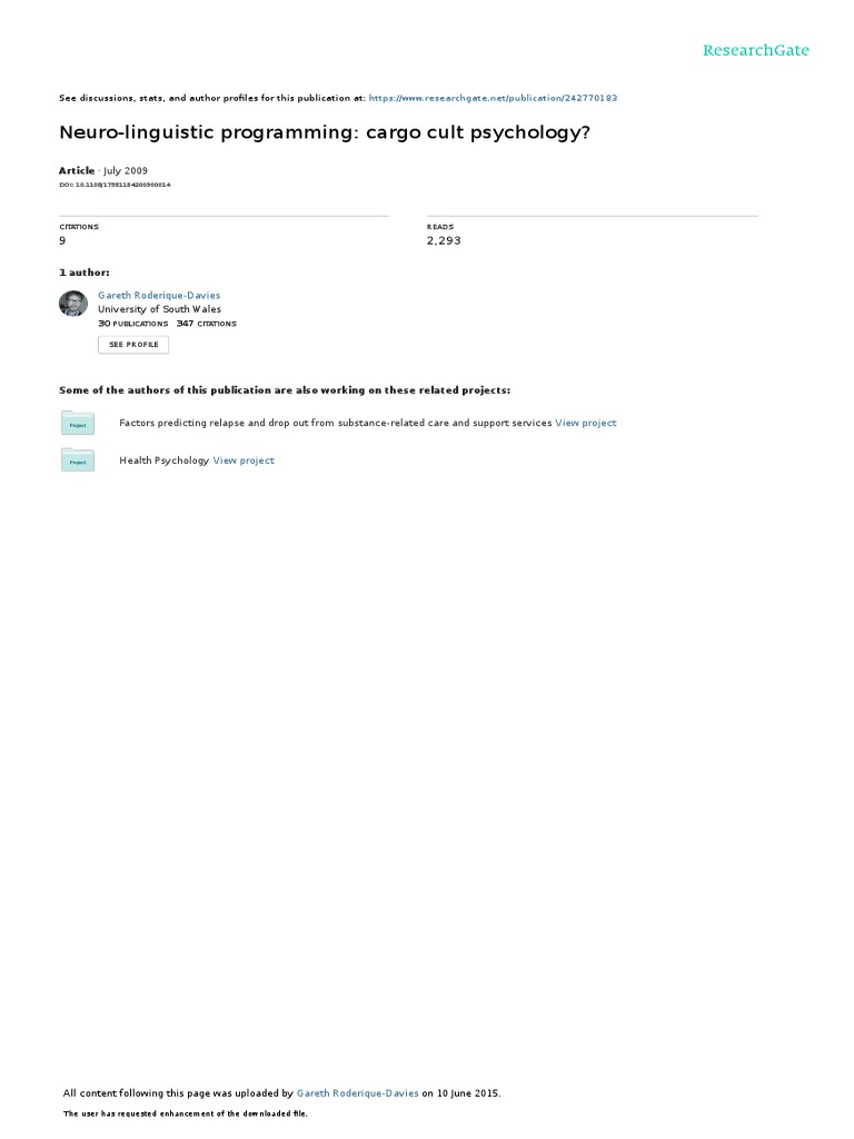 Neuro-Linguistic Programming: Cargo Cult Psychology?: July 2009 | PDF ...