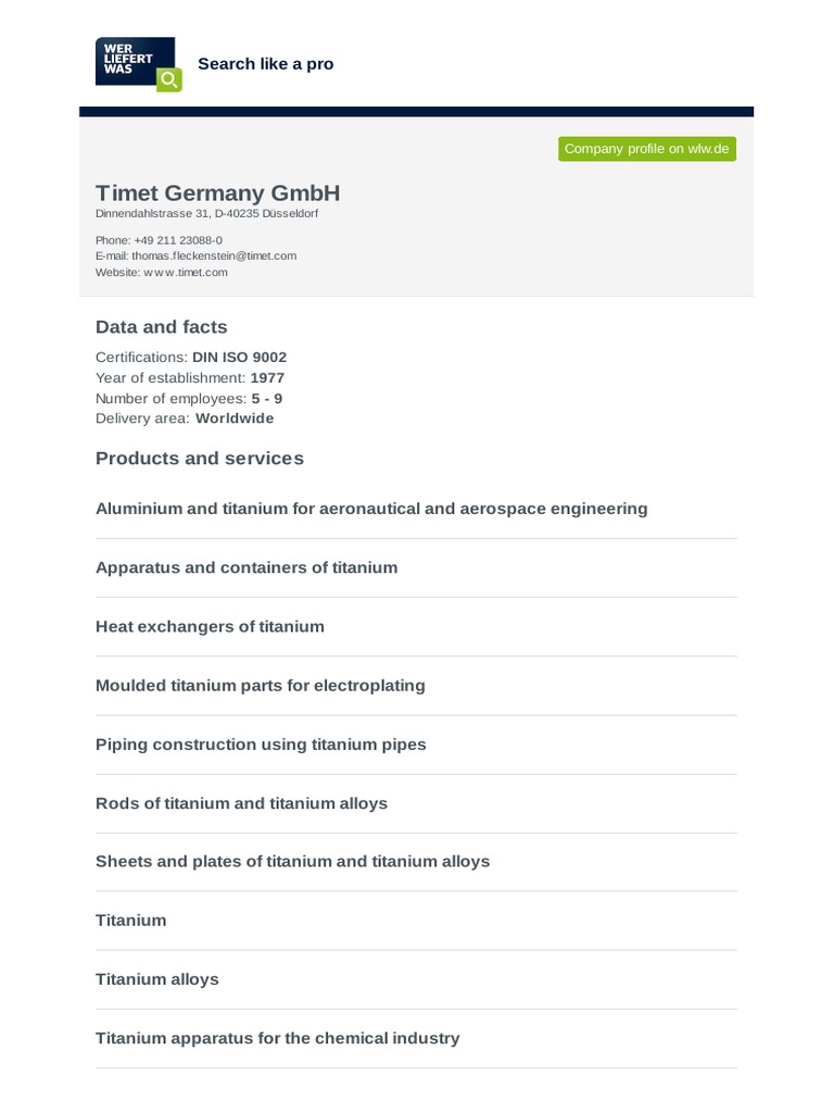 Timet Germany GMBH: Data and Facts | PDF