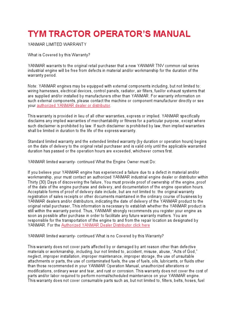 TYm Tractors Operators Manuals - Team Tractor and Equipment, Arizona ...