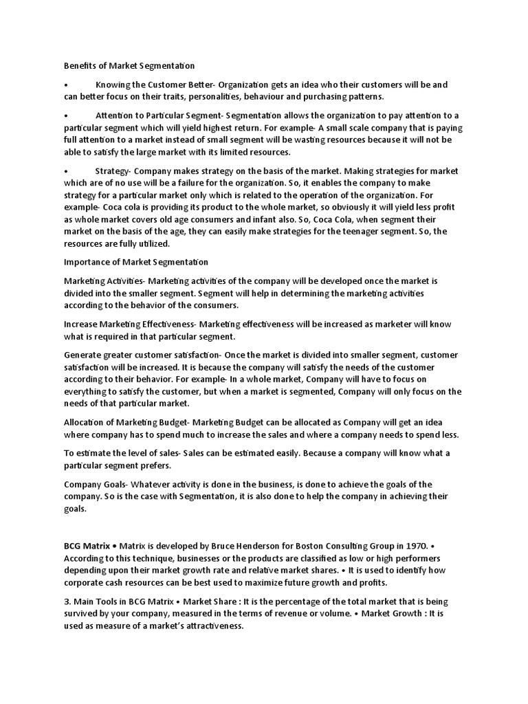 Market Segmentation & BCG Matrix | PDF | Marketing | Business Economics