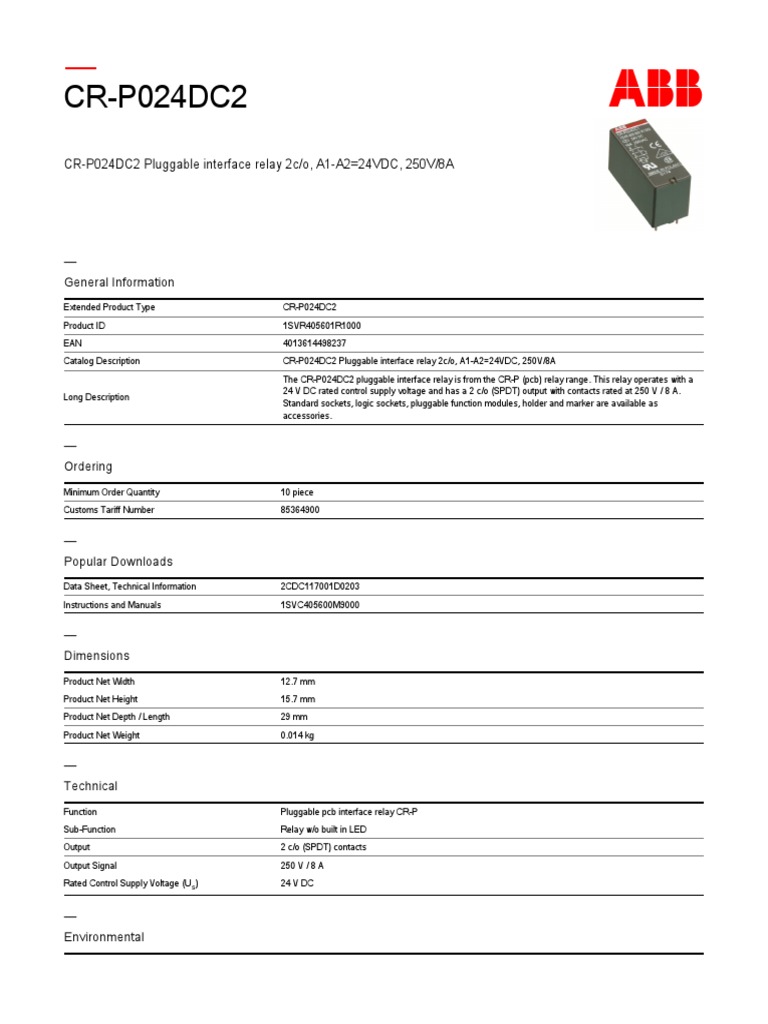 CR-P024DC2: CR-P024DC2 Pluggable Interface Relay 2c/o, A1-A2 24VDC, 250V/8A | PDF | Relay | Switch