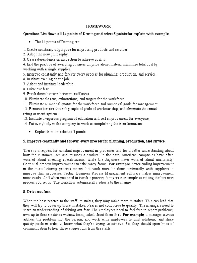 Homework Question: List Down All 14 Points of Deming and Select 5 ...