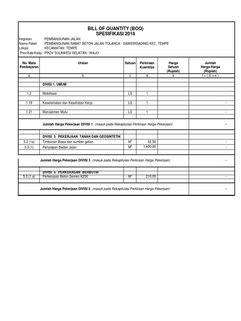 Bill of Quantity (Boq) Spesifikasi 2018 | PDF