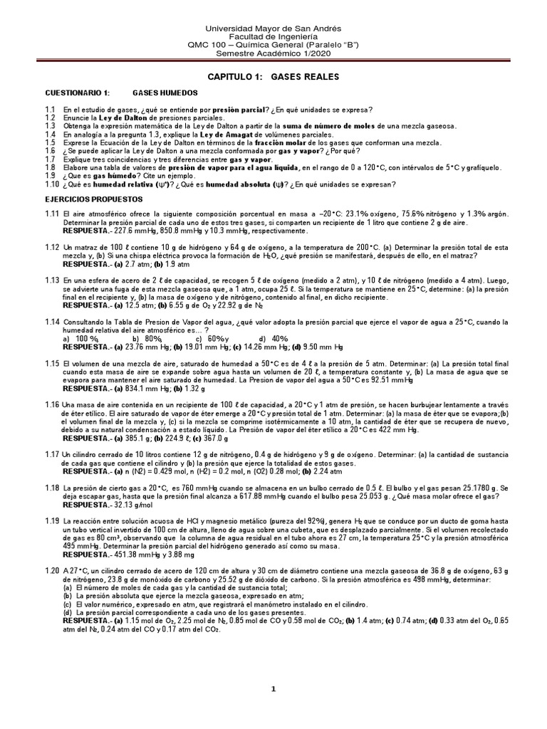 QMC 100 Cuestionario 2020 1 para 1er Parcial-2 | PDF | Concentración | Gases